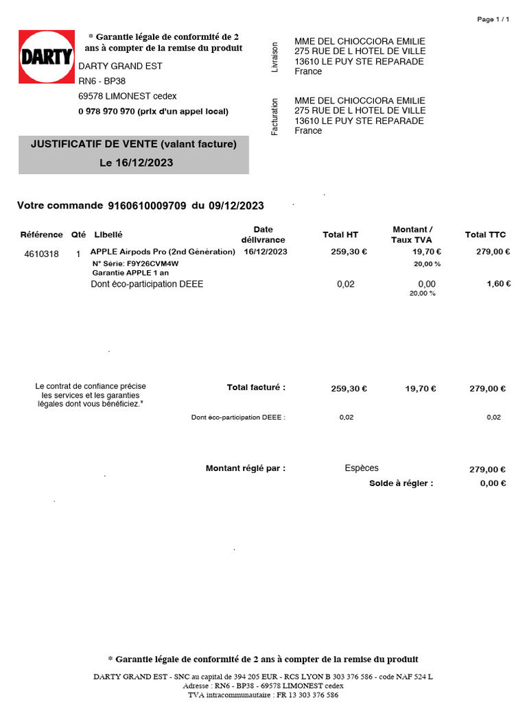 Facture Darty pour AirPods Pro 2 | PDF | Taxe sur la valeur ajoutée ...