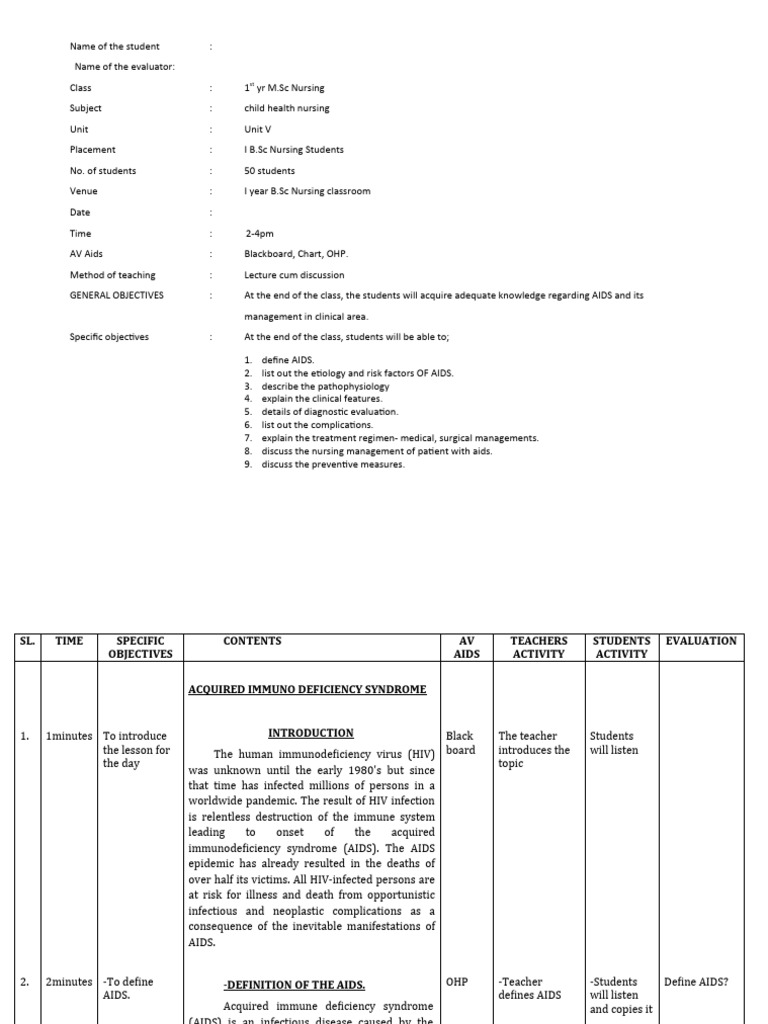 Lesson Plan AIDS | PDF | Hiv/Aids | Diagnosis Of Hiv/Aids