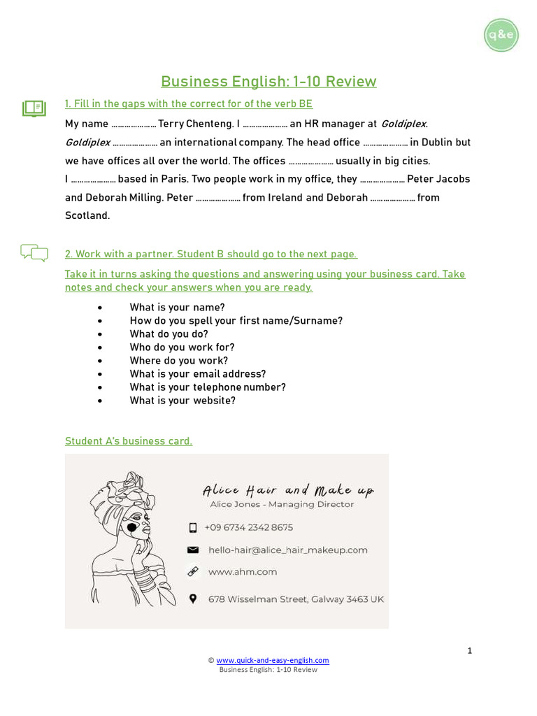 Business English Review 1 10 A1 SV 1 | PDF | Linguistics