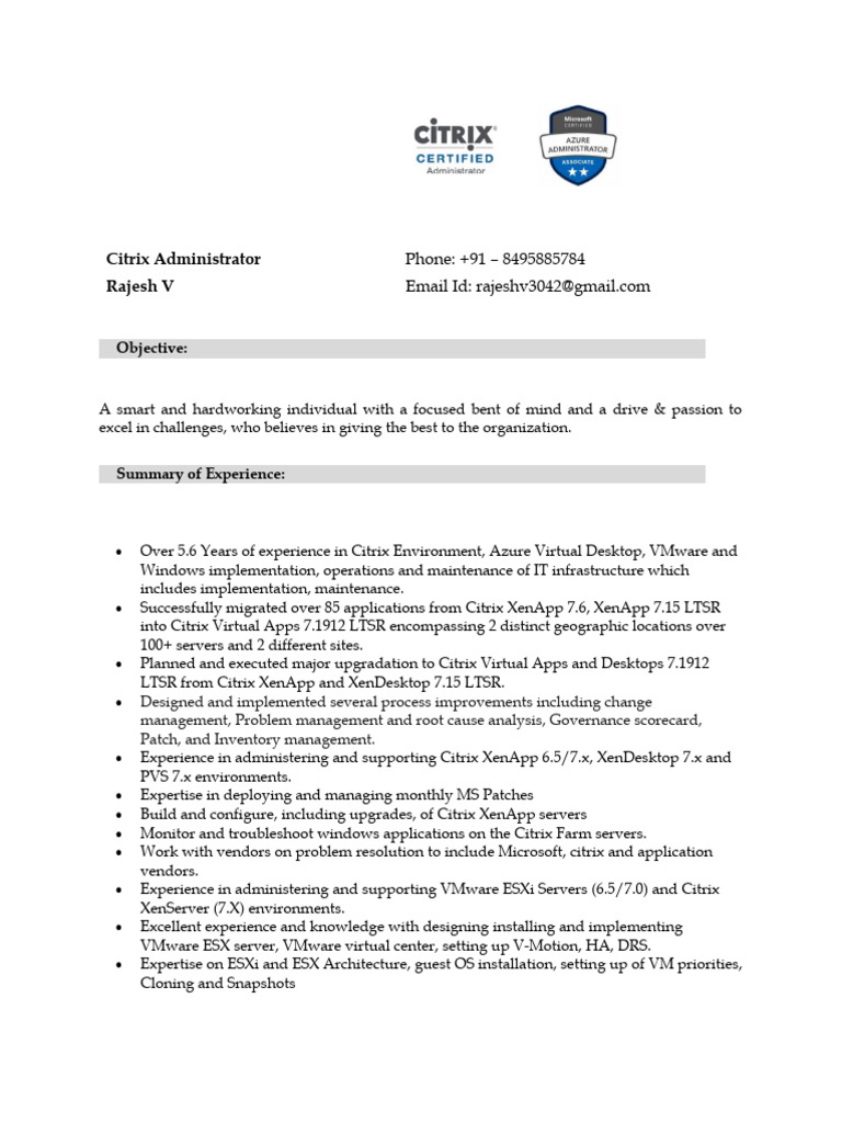 Citrix Administrator Rajesh V: Phone: +91 - 8495885784 | Download Free PDF | Citrix Systems ...