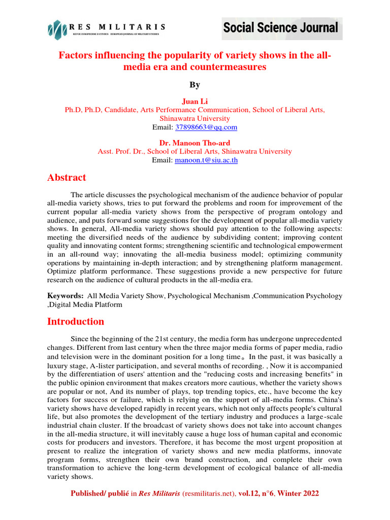 Juan Li (62405072-0) Factors influencing the popularity of variety ... Juan Li (62405072-0) Factors influencing the popularity of variety ...