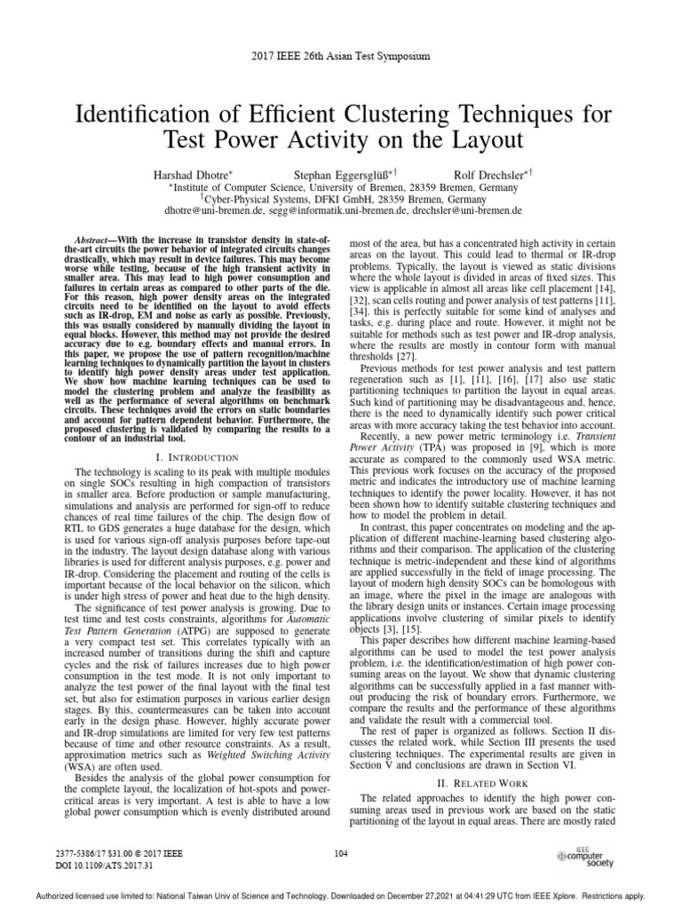 Identification Of Efficient Clustering Techniques For Test Power Activity On The Layout Pdf 