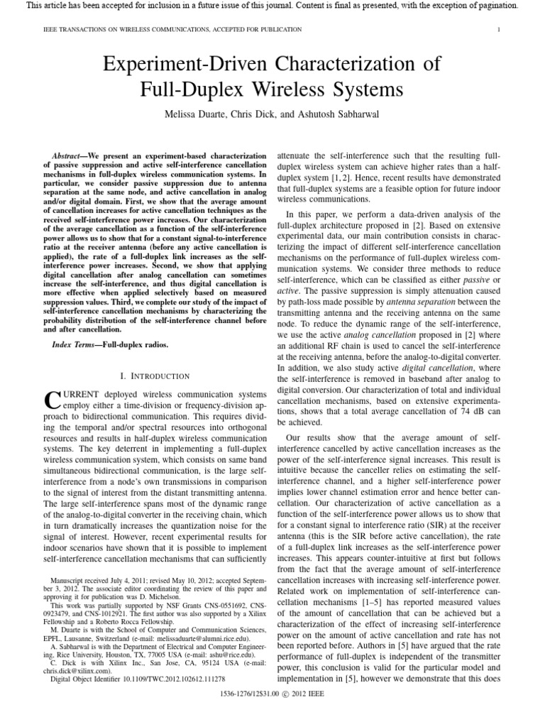 Experiment-Driven Characterization of Full-Duplex Wireless Systems | PDF | Duplex ...