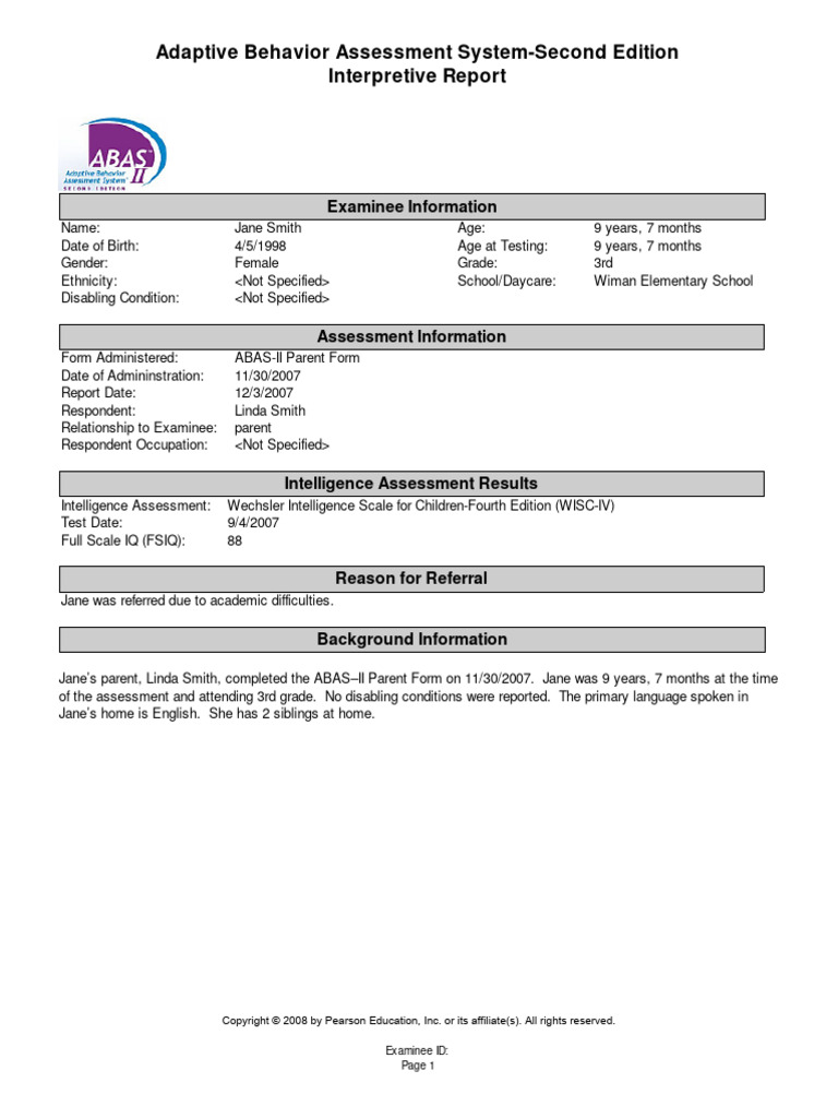 1.ABAS - II - Sample Report - Short | PDF | Wechsler Adult Intelligence Scale | Psychology