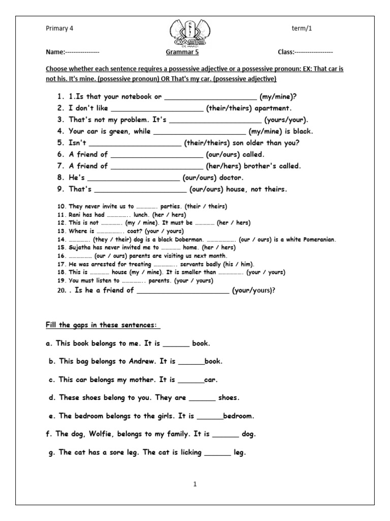 Possessive Pronouns and Possessive Adjectives Worksheet Templates ...