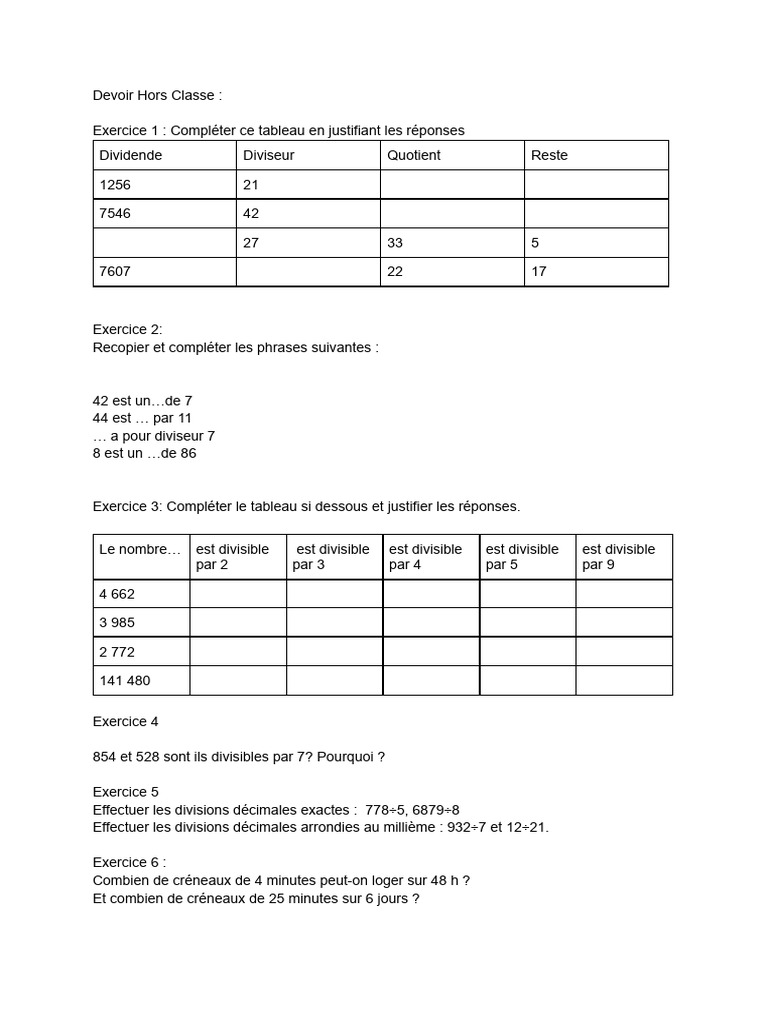 Exercices de Division Euclidienne 6ème | PDF