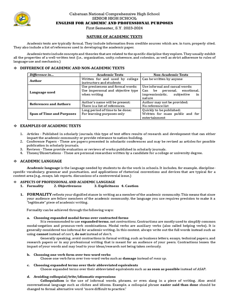 NATURE and ASPECTS OF ACADEMIC TEXTS Handouts | PDF | Verb | Pronoun