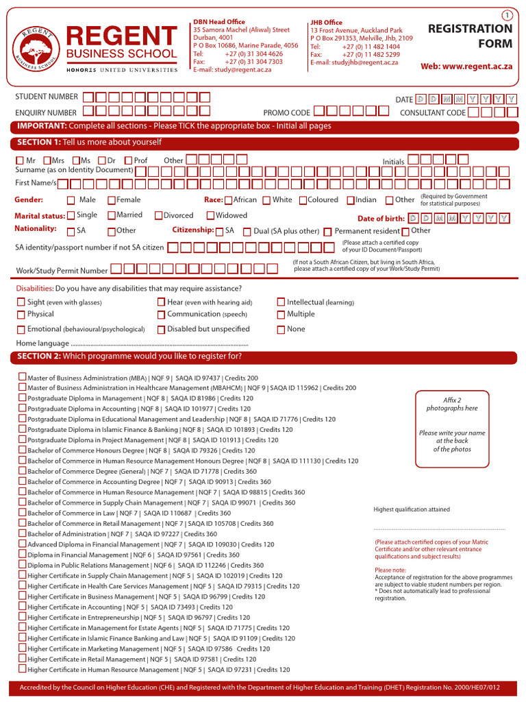 Regent Business School Registration Form | PDF | Payments | Bachelor's ...