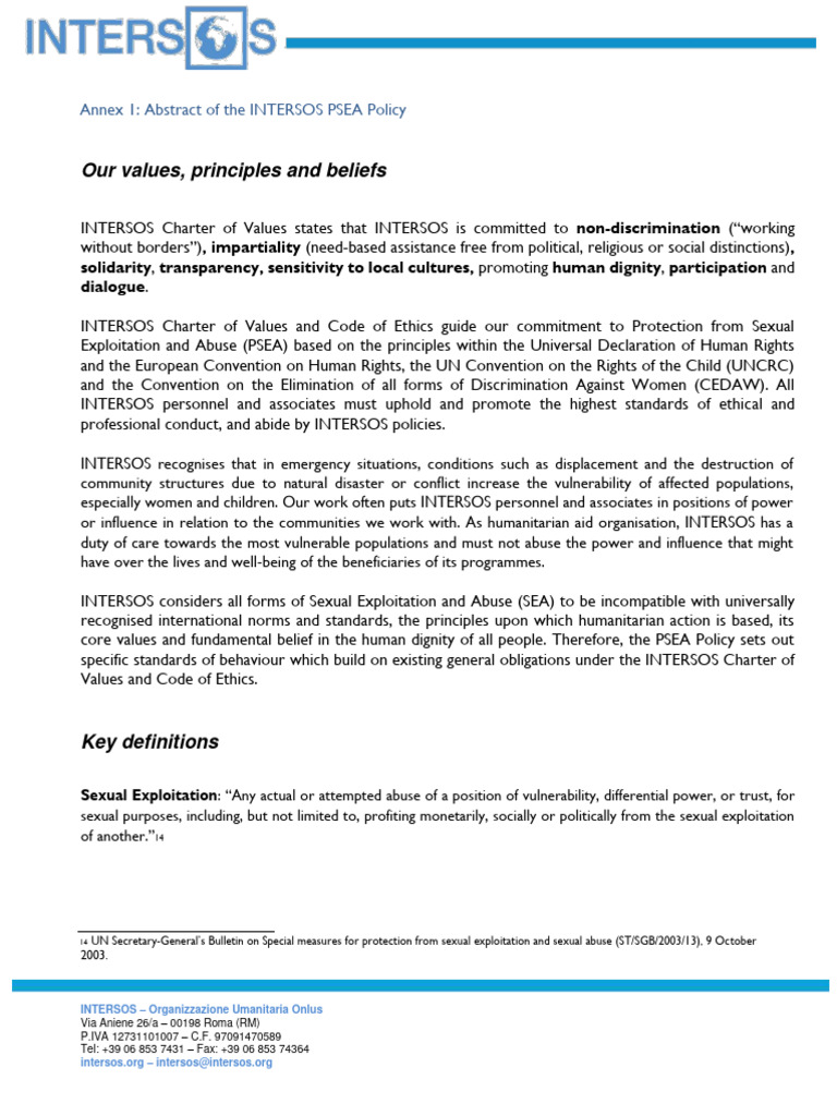 EN Annex 1 Abstract of The INTERSOS PSEA Policy | PDF | Human Rights | Ethical Principles