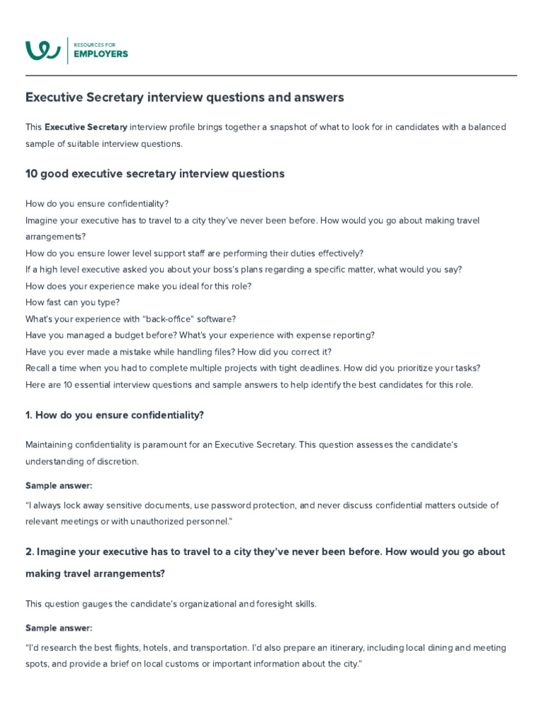 Essential Executive Secretary Interview Questions | PDF | Secretary ...