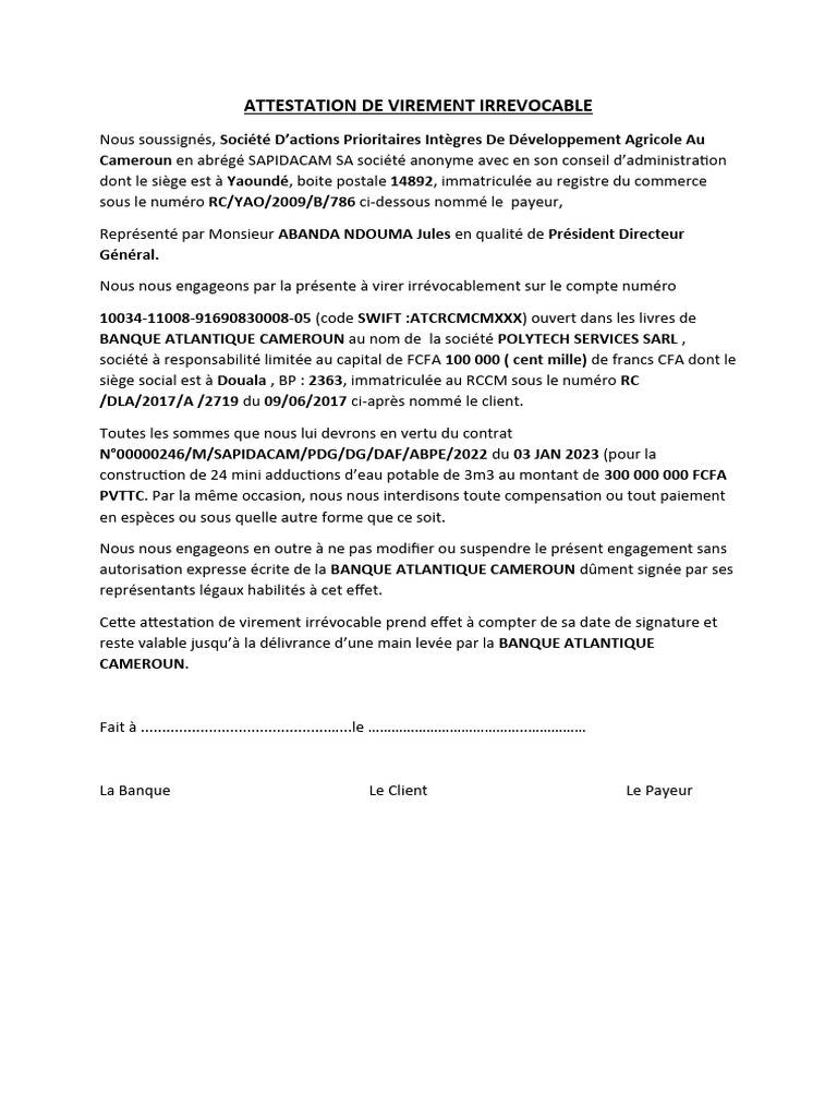 Attestation de Virement Irrevocable | PDF | Affaires | Droit