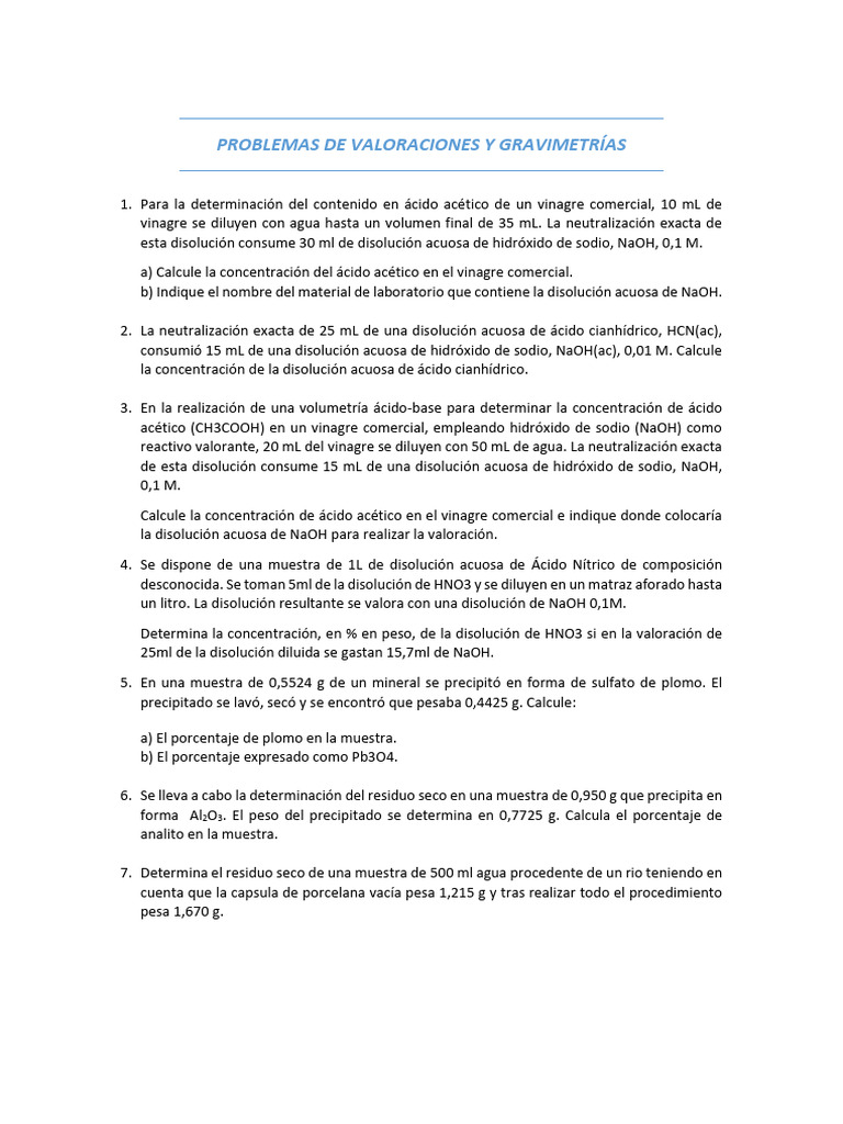 Problemas de Valoraciones y Gravimetrías | PDF
