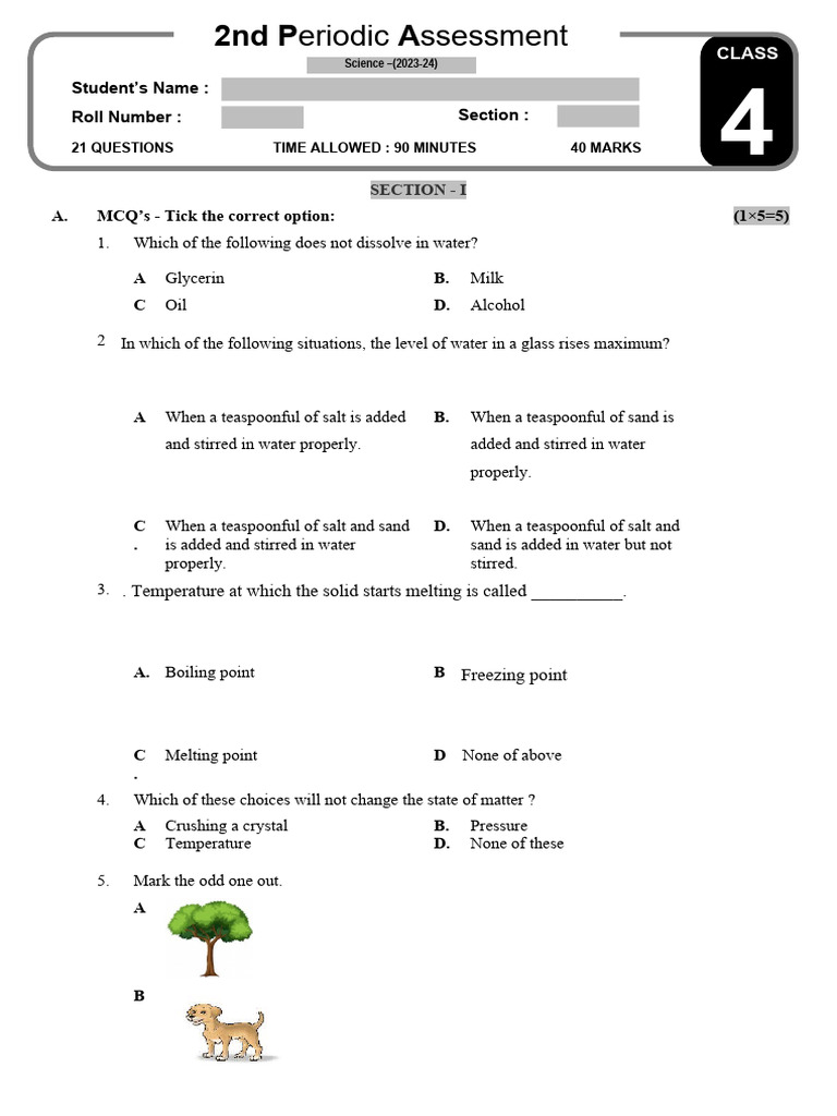 Class 4 Science Assessment 2023 | PDF | Water | Matter