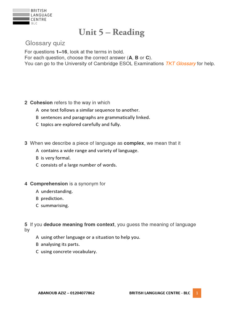M 1 - Unit 5 - Glossary Quiz | PDF | Communication | Word