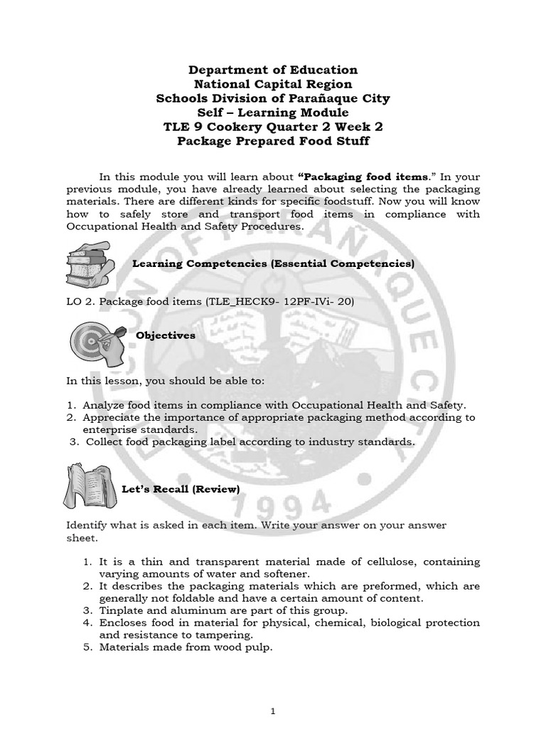 TLE 9 Cookery Week2 | PDF | Packaging And Labeling | Warehouse