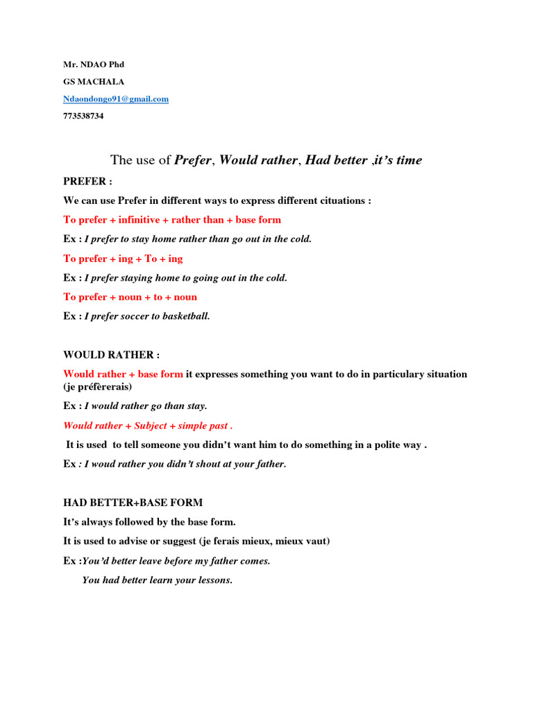 Usage of Prefer, Would Rather, Had Better | PDF | Language Arts ...