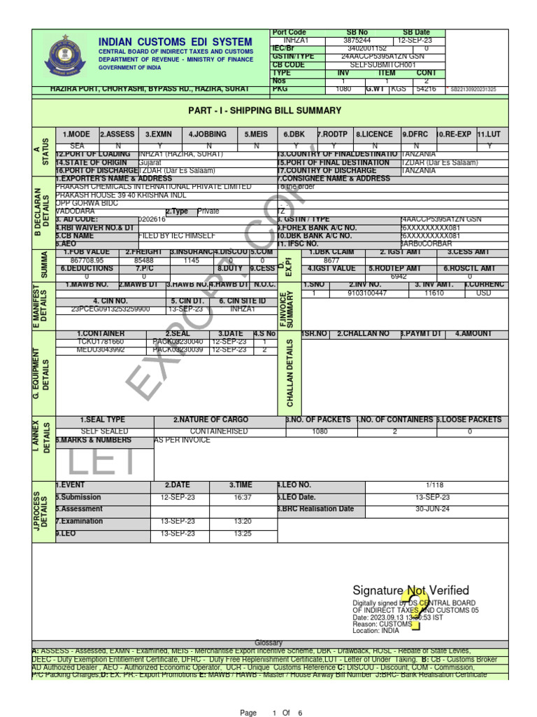 Indian Customs EDI Shipping Bill Summary | PDF | Customs | Business