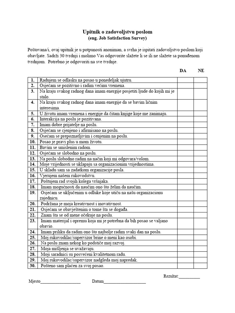 Upitnik o Zadovoljstvu Poslom: Rezultat: - Mjesto - Datum | PDF