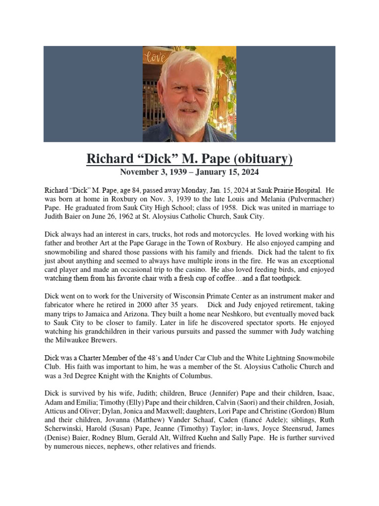 Obituary for Richard M. Pape | PDF | Rituals | Death Customs