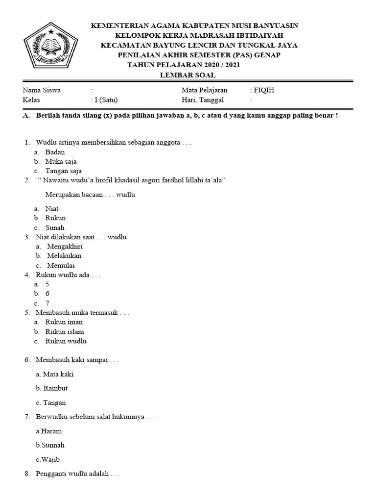 Soal Fiqih DN Kunci Jawaban Kelas 1 | PDF