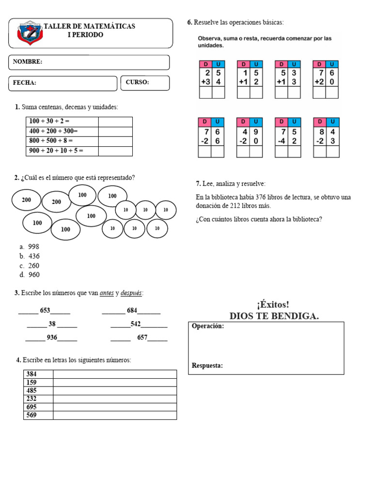 Taller de Matematicas 2° Primer Periodo | PDF