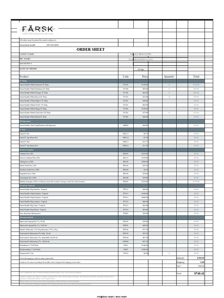 Farsk Health - Order Sheet 2023 | PDF | Intravenous Therapy | Health Care