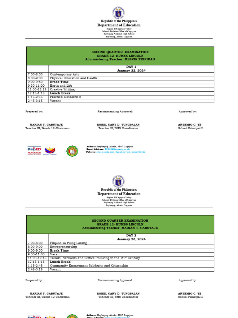 Grade 12 Exam Schedule | PDF