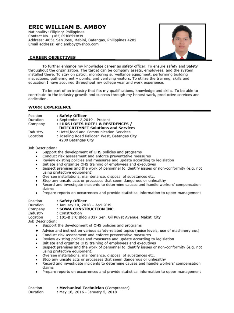 Safety Officer Resume of Eric Amboy | PDF