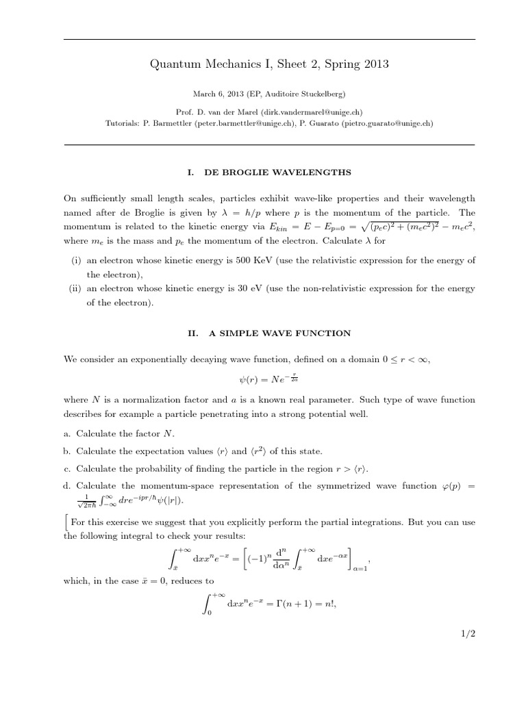 Quantum Mechanics I, Sheet 2, Spring 2013 | PDF | Wave Function | Waves