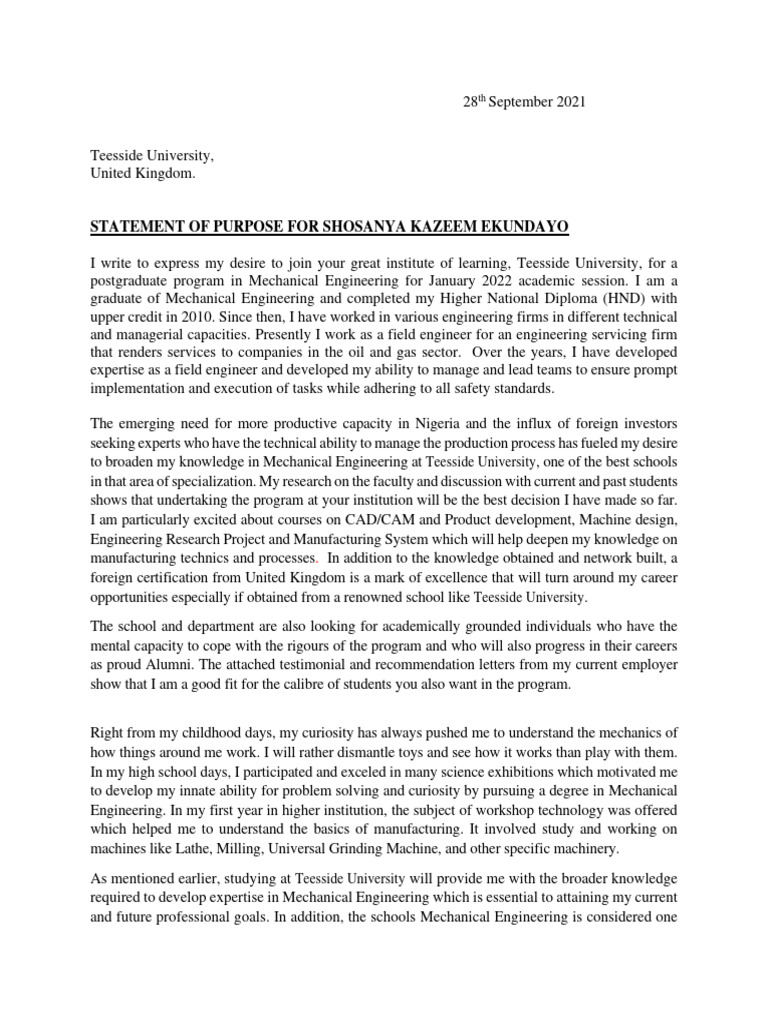 PERSONAL STATEMENT OF PURPOSE For Shosanya Kazeem Teesside University ...
