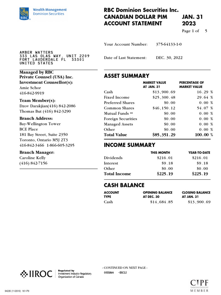 RBC PIM Account Statement - Jan 2023 | PDF | Securities (Finance ...
