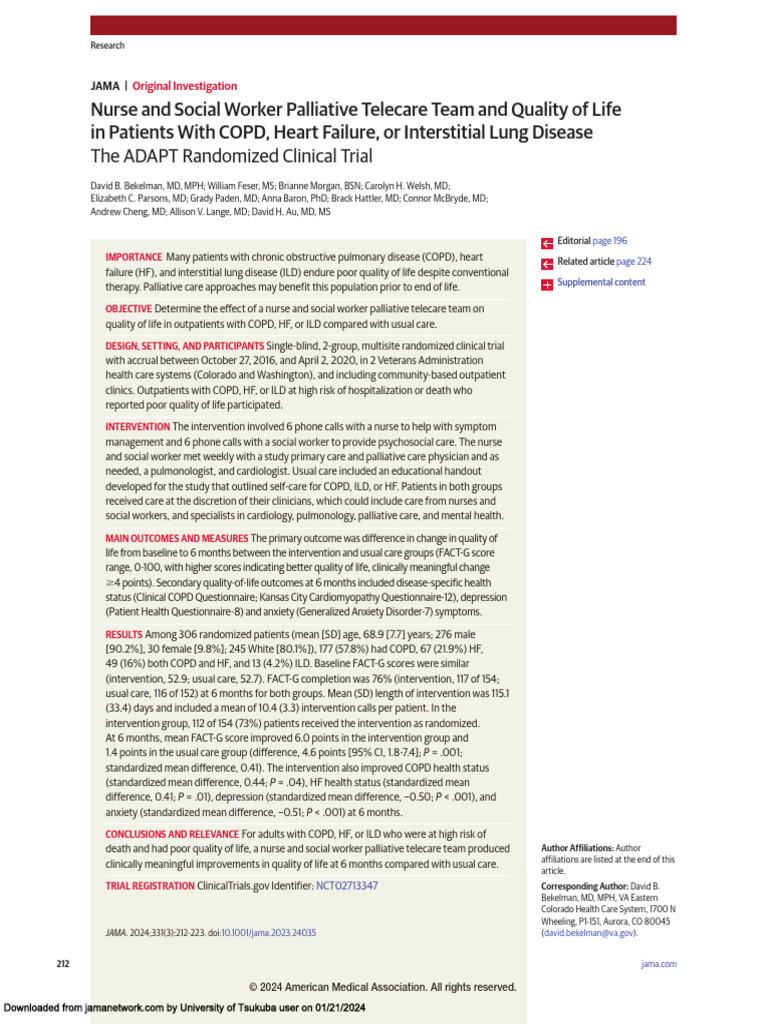 Nurse and Social Worker Palliative Telecare Team and Quality of Life in ...
