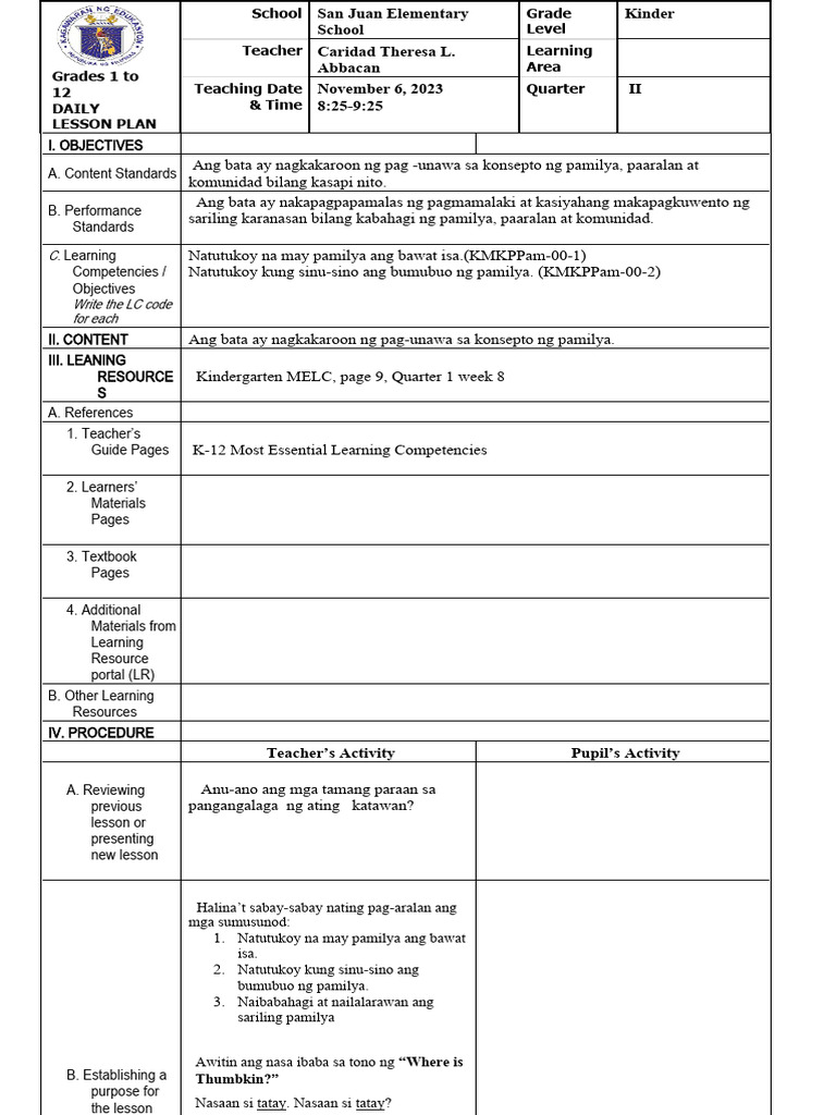 COT 2nd Grading Pamilya | PDF