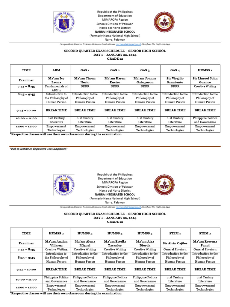 Grade 12 Second Quarter Exam Schedule | PDF
