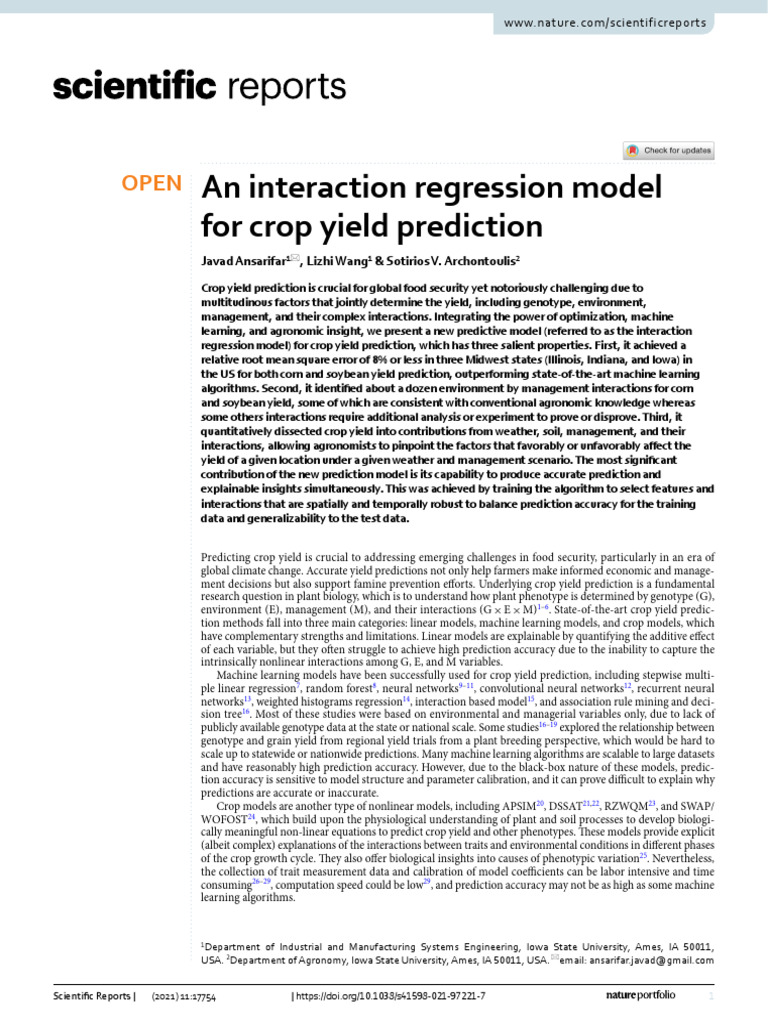 An Interaction Regression Model For Crop Yield Prediction: Javad ...