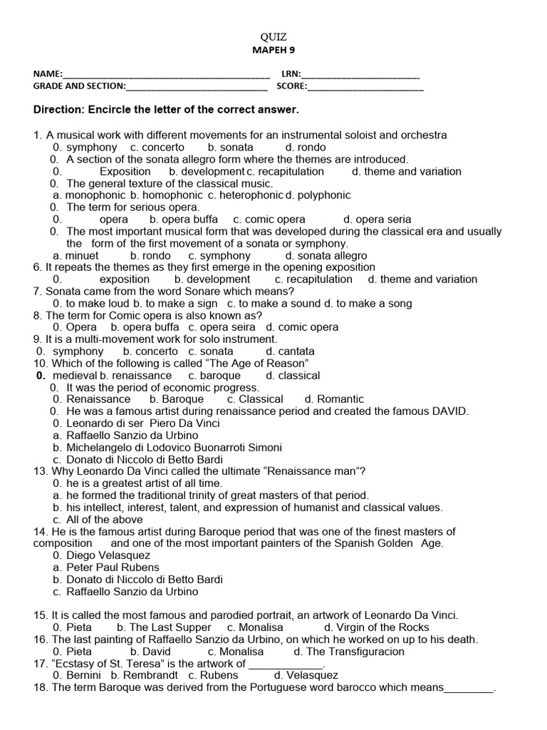 Mapeh 9 Quiz Pointers | PDF | Opera | Raphael