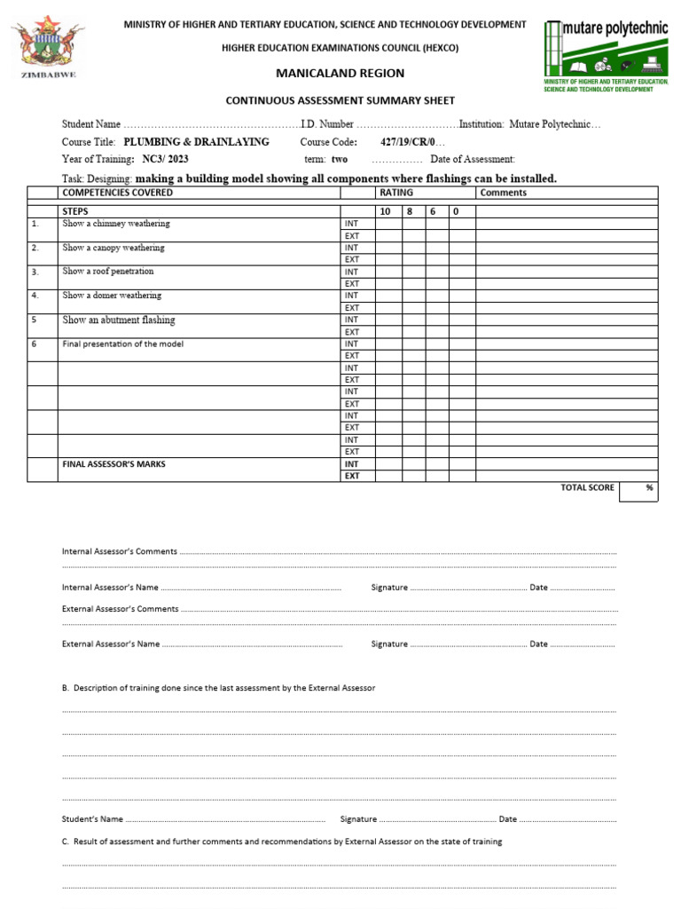 Continuous Assessment Form PLUMBING | PDF | Building Engineering