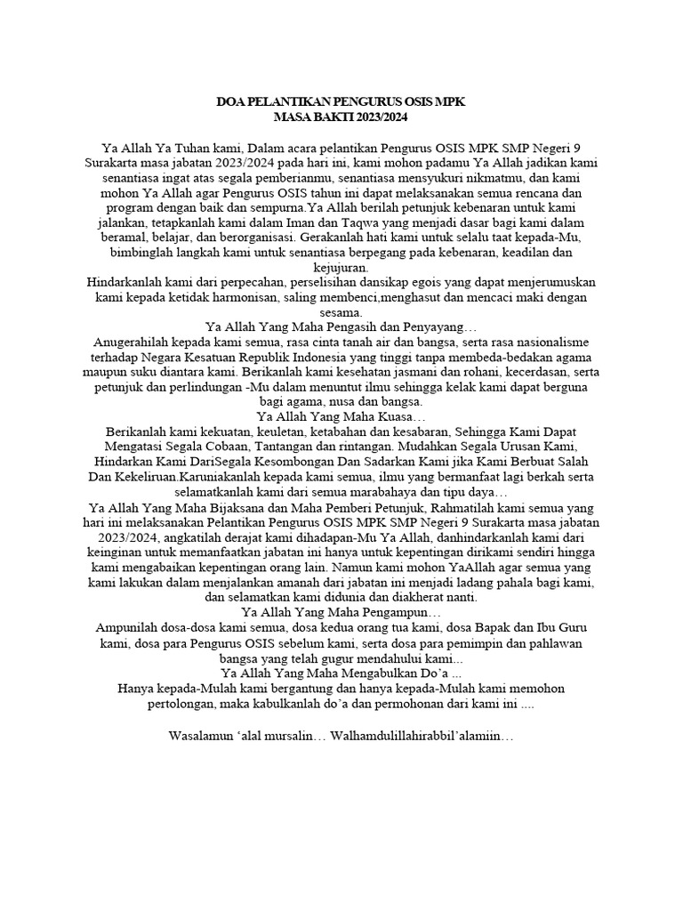 Doa Pelantikan Pengurus Osis MPK | PDF