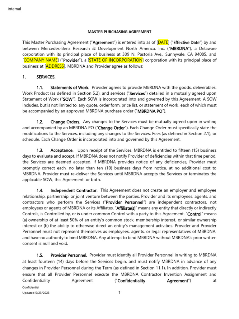 2023 5 23 - MBRDNA Master Purchasing Agreement Template | PDF