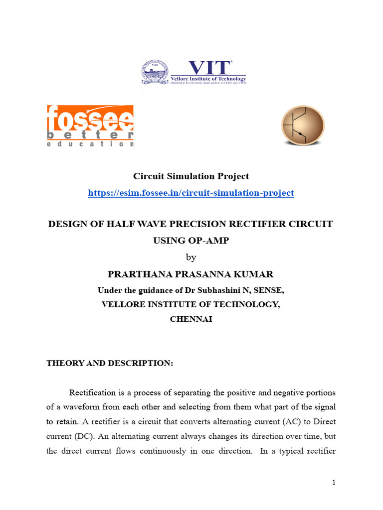 Half Wave Precision Rectifier Circuit Using Op Amp Pdf Rectifier Operational Amplifier