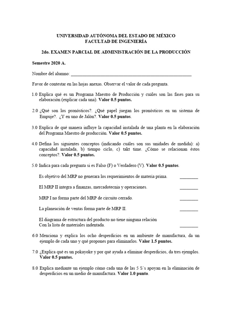 2do. Exam. de Admón. de La Producción Jun. 18, 2020 | PDF