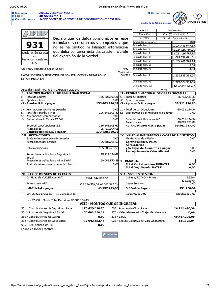 F931 SACDE 01 2023 Completo | PDF | Economias | Finanzas personales