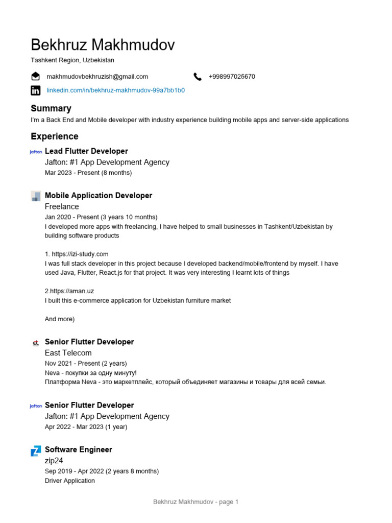 Resume Bekhruz Makhmudov | PDF | Mobile App | Information Technology