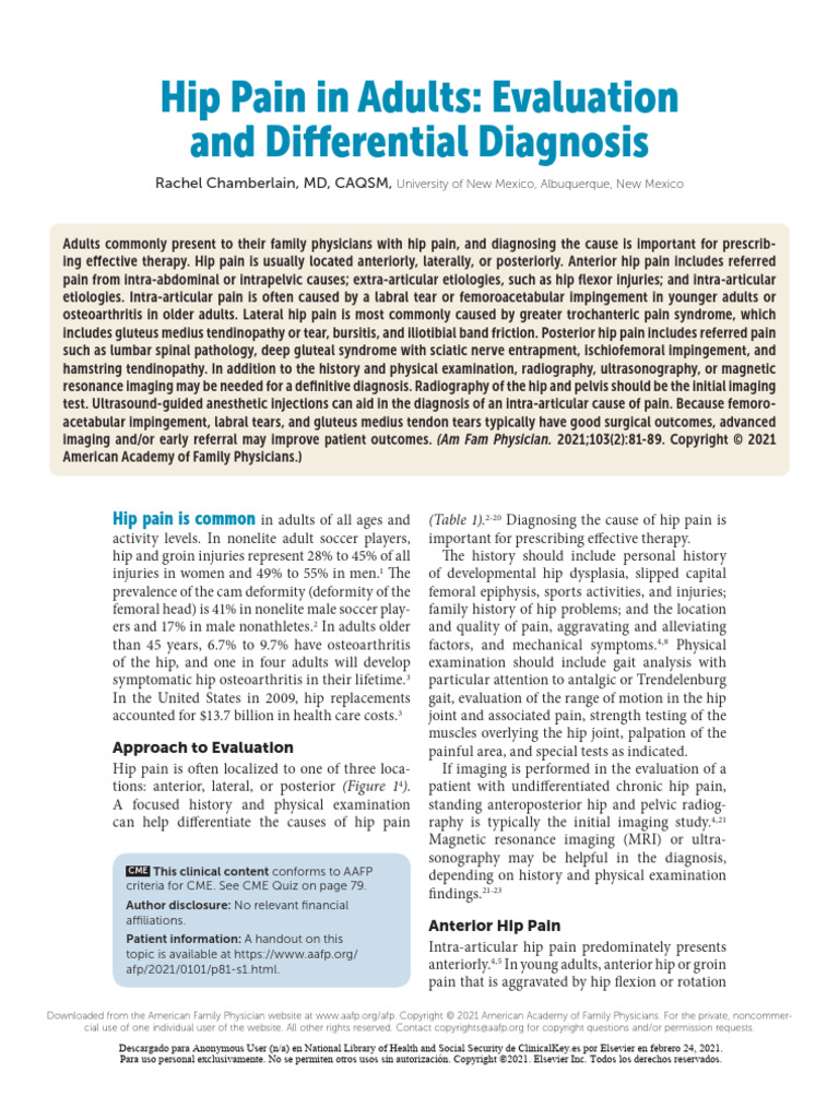Hip Pain in Adults Evaluation and Differential Diagnosis | PDF