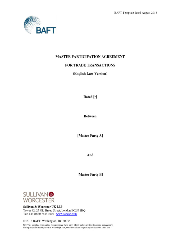 BAFT 2018 Master Participation Agreement English Law F | PDF