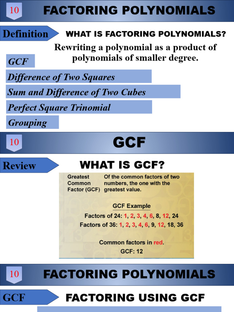 Grade 10 Factoring Polynomials | PDF | Factorization | Abstract Algebra