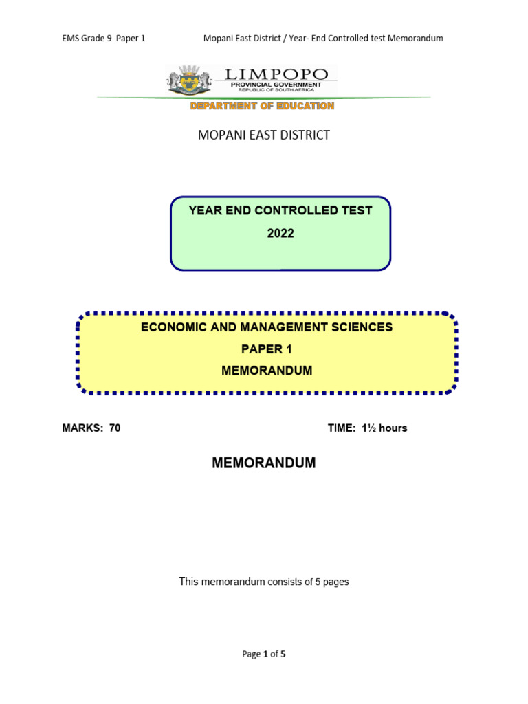 Ems Grade 9 Paper 1 Year End Test 2022 Memorandum | PDF