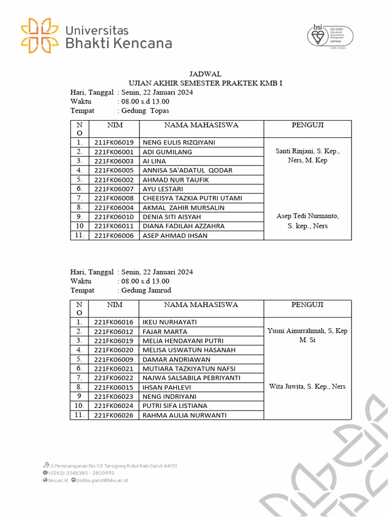 Jadwal UAS Praktek KMB 1 RSU 2024-1 | PDF