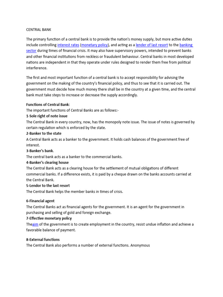 Banking Notes The Primary Function of A Central Bank | PDF | Central ...