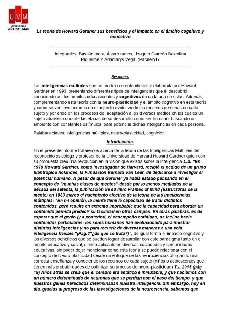 Informe Teoria de H Gardner P1 | PDF | Aprendizaje | Inteligencia